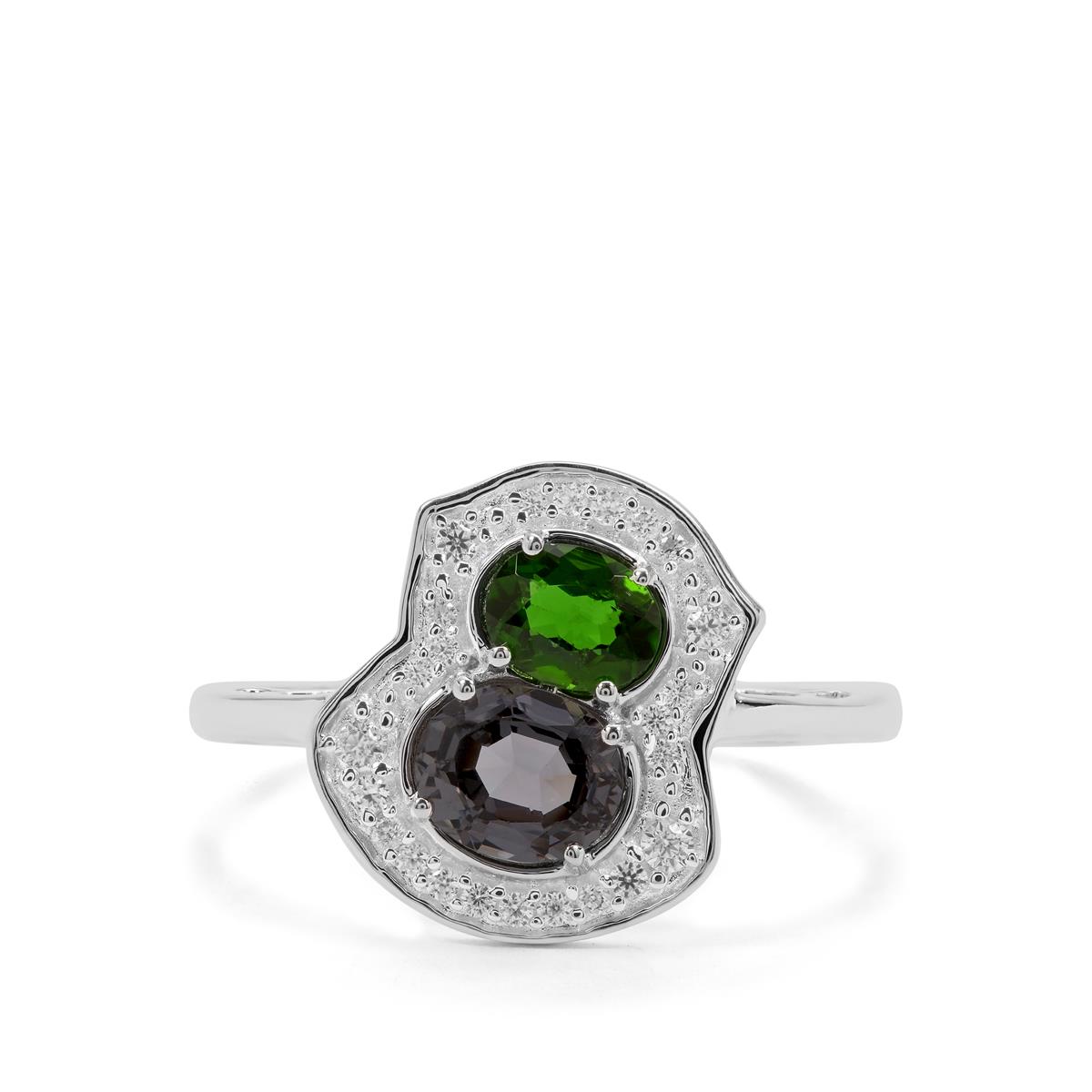 Mogok Silver Spinel, Chrome Diopside Ring with White Zircon in Sterling ...