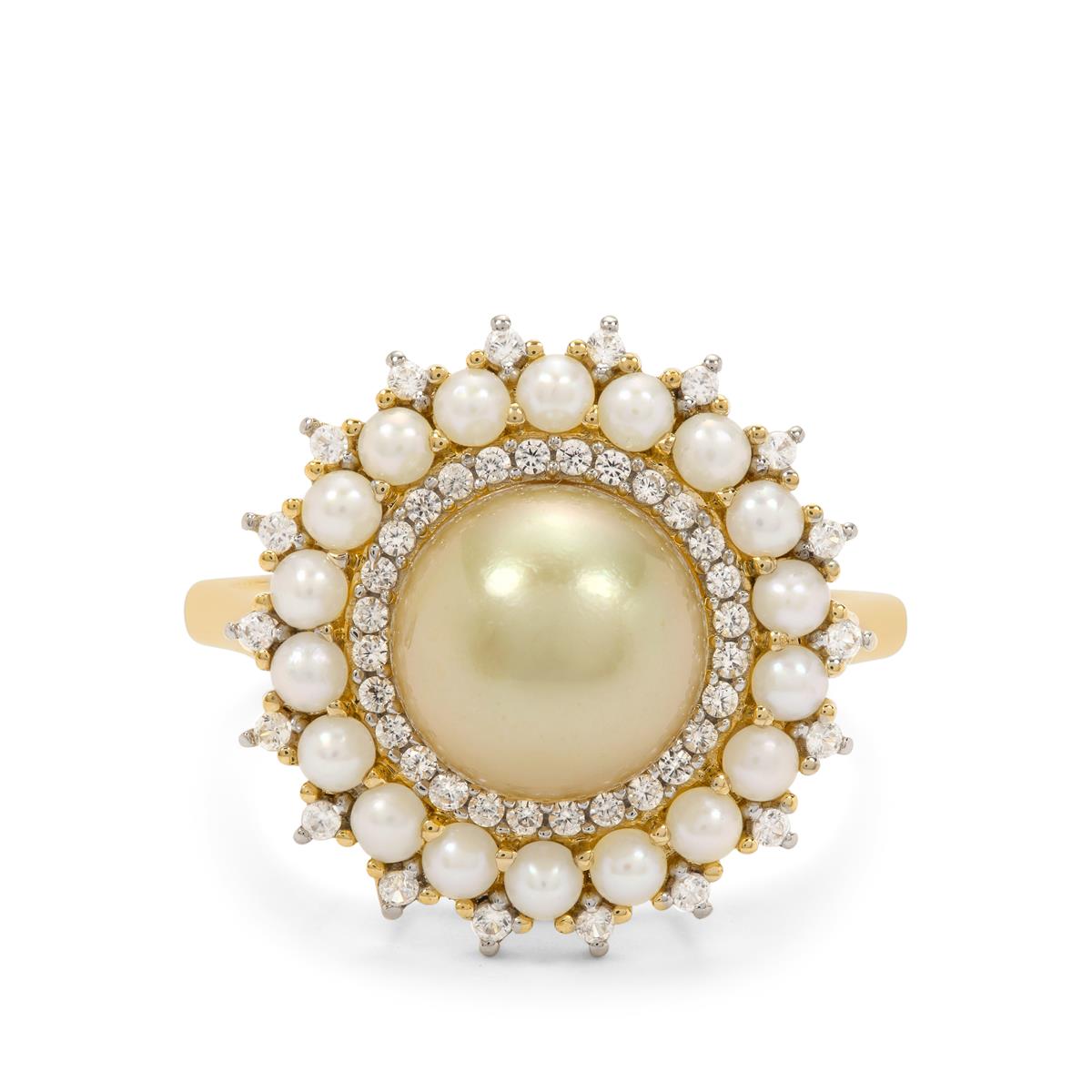 Golden South Sea Cultured Pearl, Seed Pearl Ring with White Zircon in ...