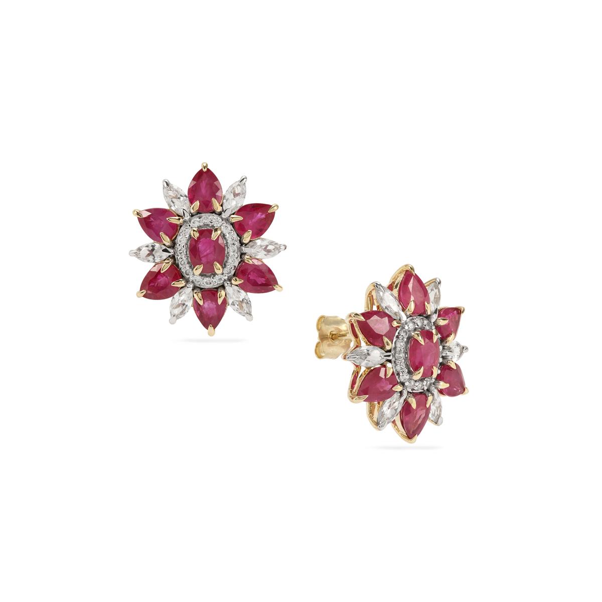 Burmese Red Ruby Earrings with White Zircon in 9K Gold 5cts | Gemporia