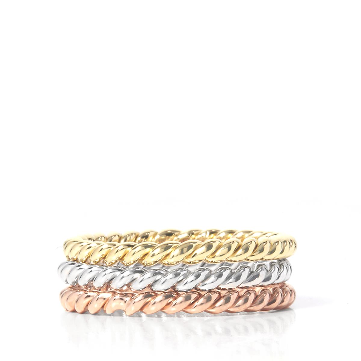 Three Tone Gold Plated Sterling Silver Set of 3 Twisted Stacker Ring ...