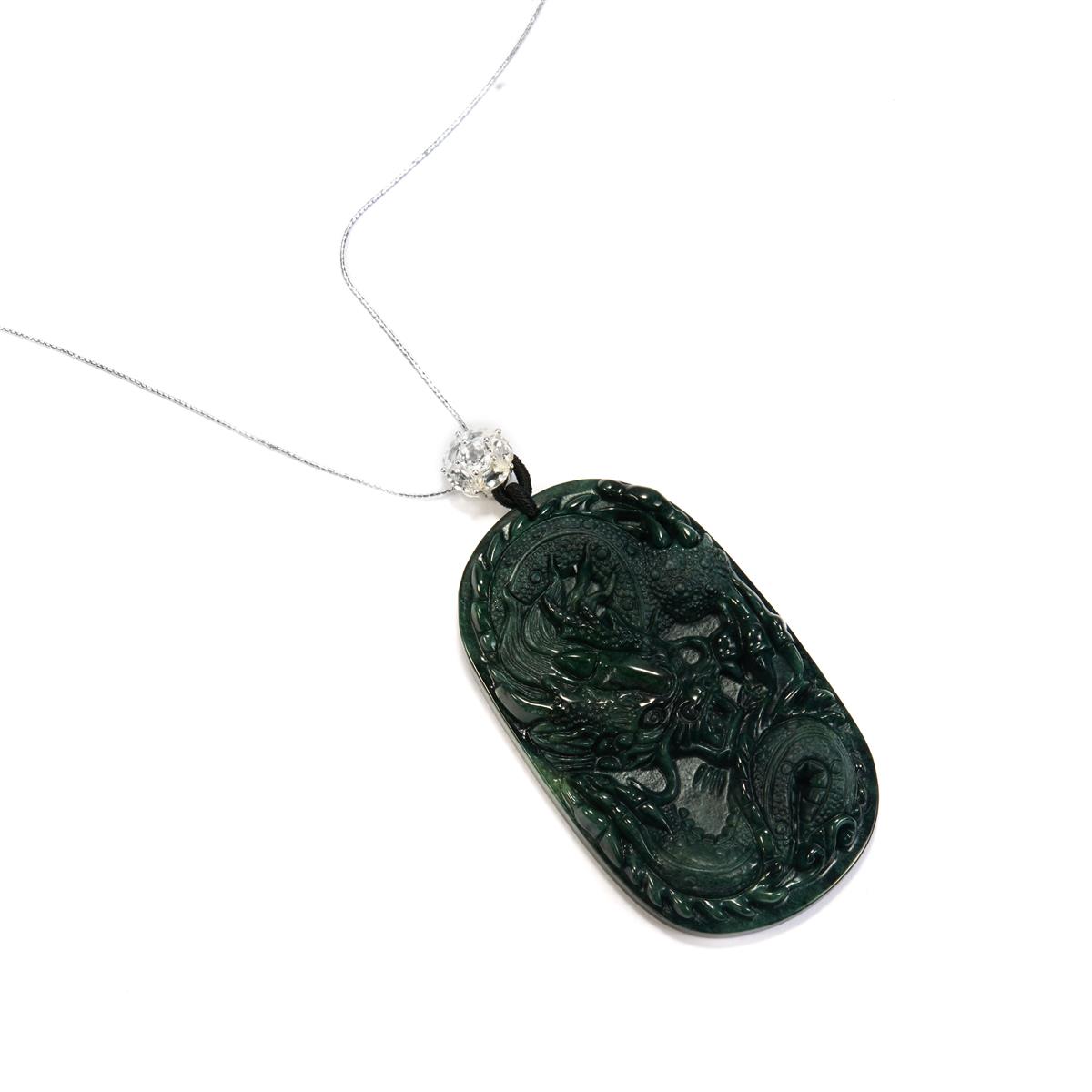 Type A Black Jadeite Carved Dragon Pendant with White Topaz in Sterling ...
