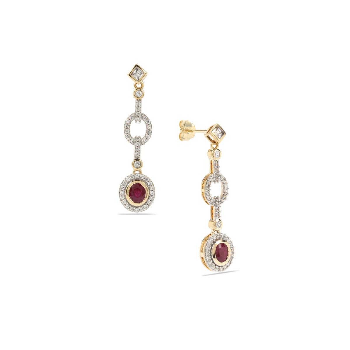 Burmese Red Ruby Earrings with White Zircon in 9K Gold 1.45cts | Gemporia