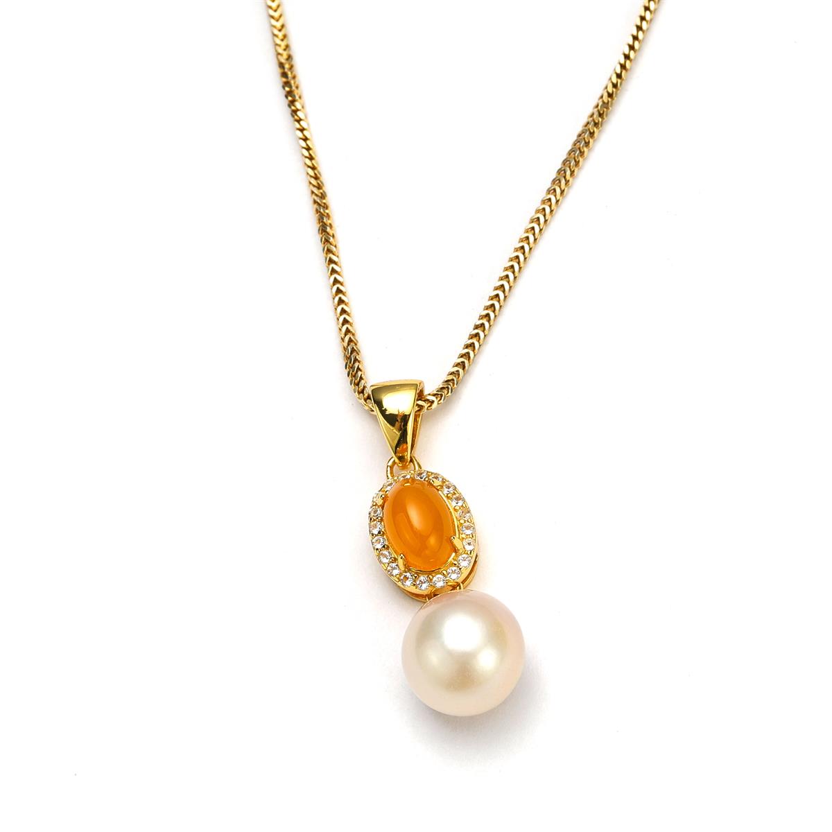 Yellow Quartzite Jade, Freshwater Cultured Pearl Pendant with White ...