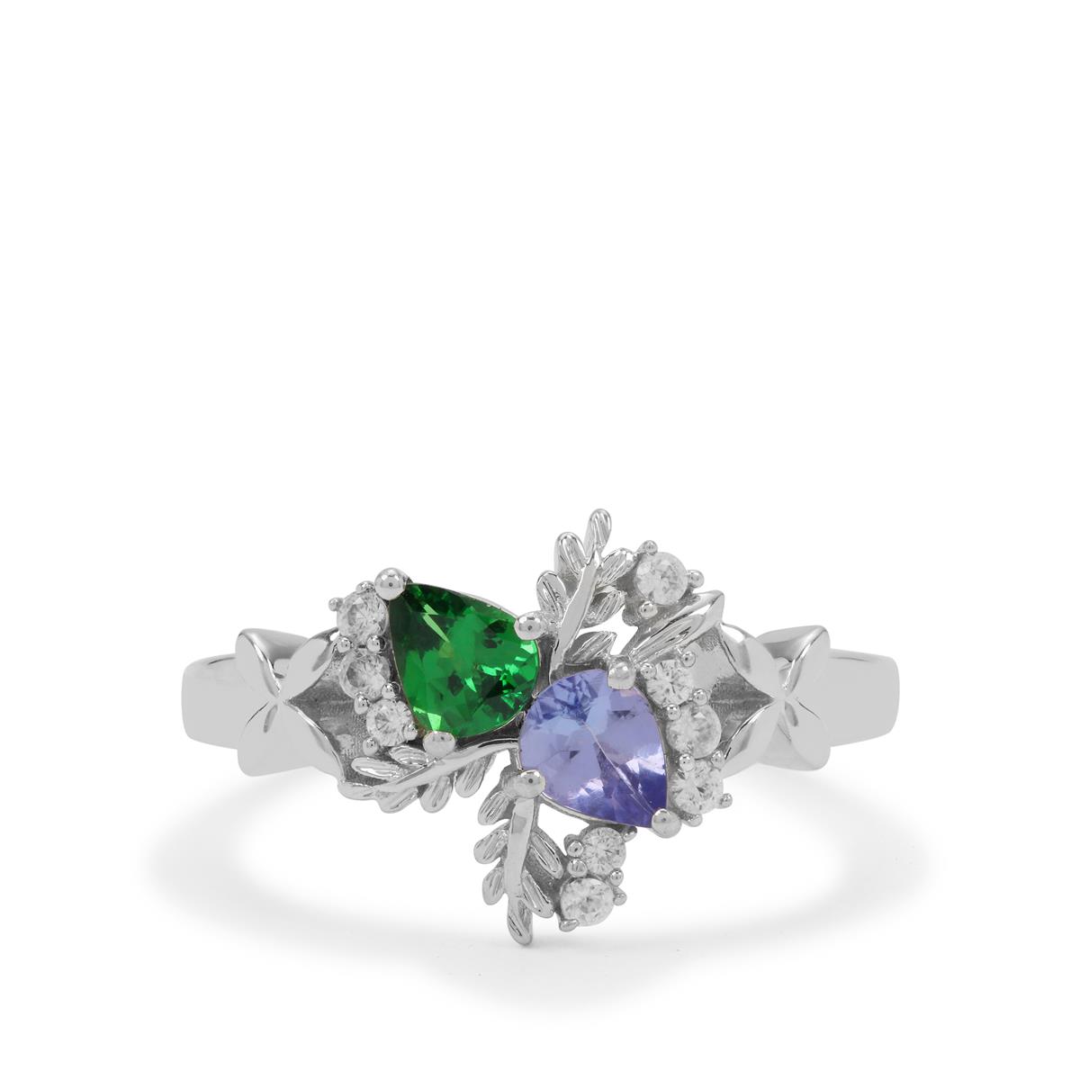 Tanzanite, Tsavorite Garnet Ring with White Zircon in Sterling Silver 0 ...