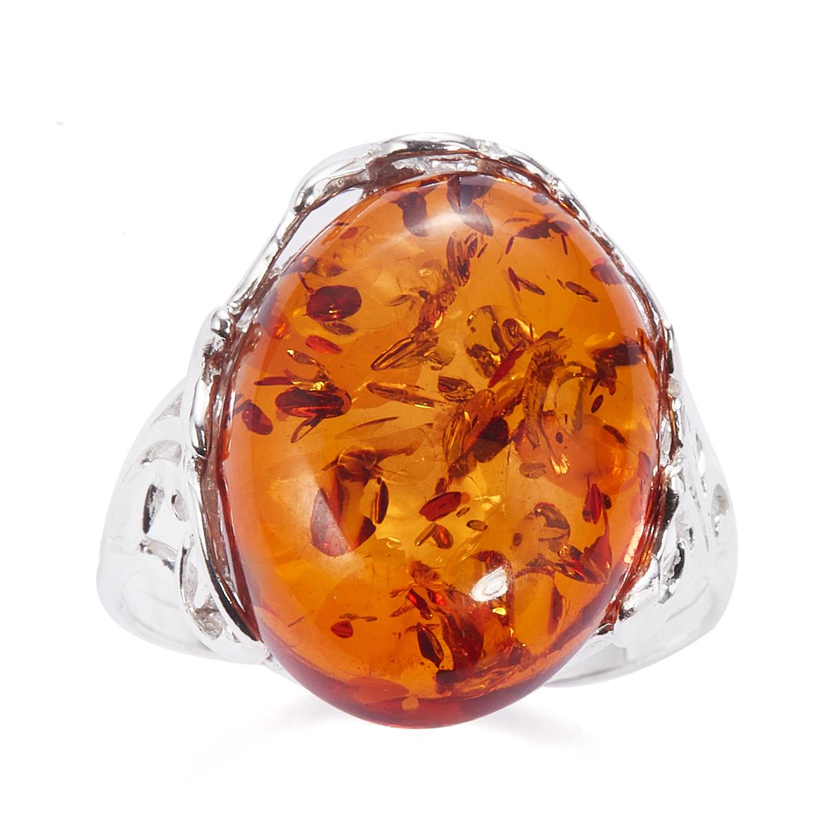 Baltic Cognac Amber Ring in Sterling Silver (18x13mm) | Gemporia