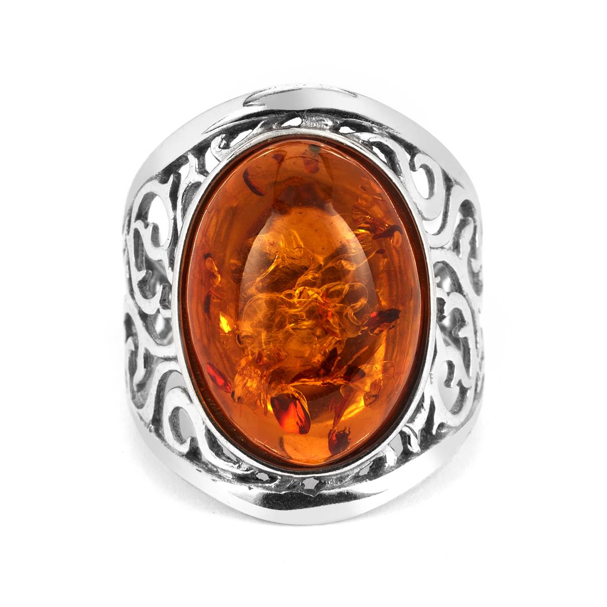 Baltic Cognac Amber Ring in Sterling Silver (18 x 13mm) | Gemporia