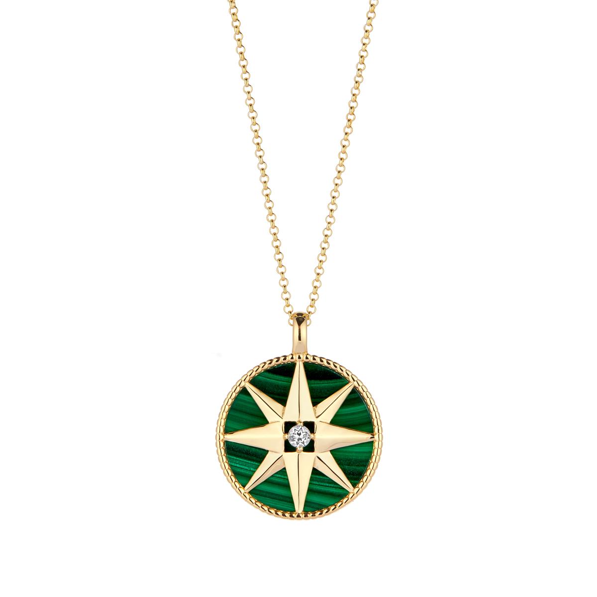 Congo Malachite Compass Rose Necklace with White Topaz in Gold Tone ...