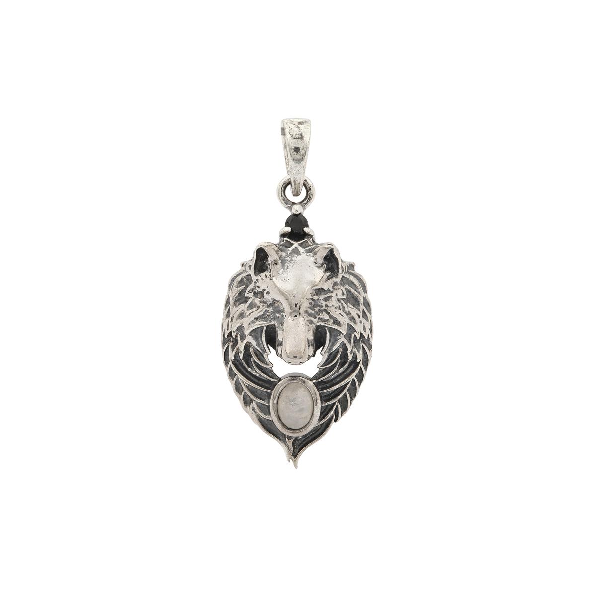 Black Spinel & Rainbow Moonstone Sterling Silver Wolf Pendant ATGW 0 ...