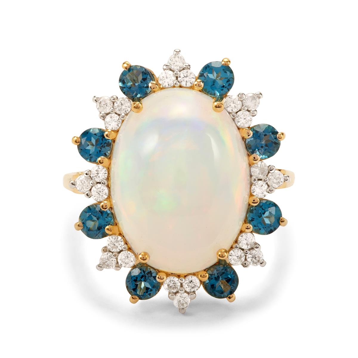 Ethiopian Opal, London Blue Topaz Ring with White Zircon in 9K Gold 7 ...