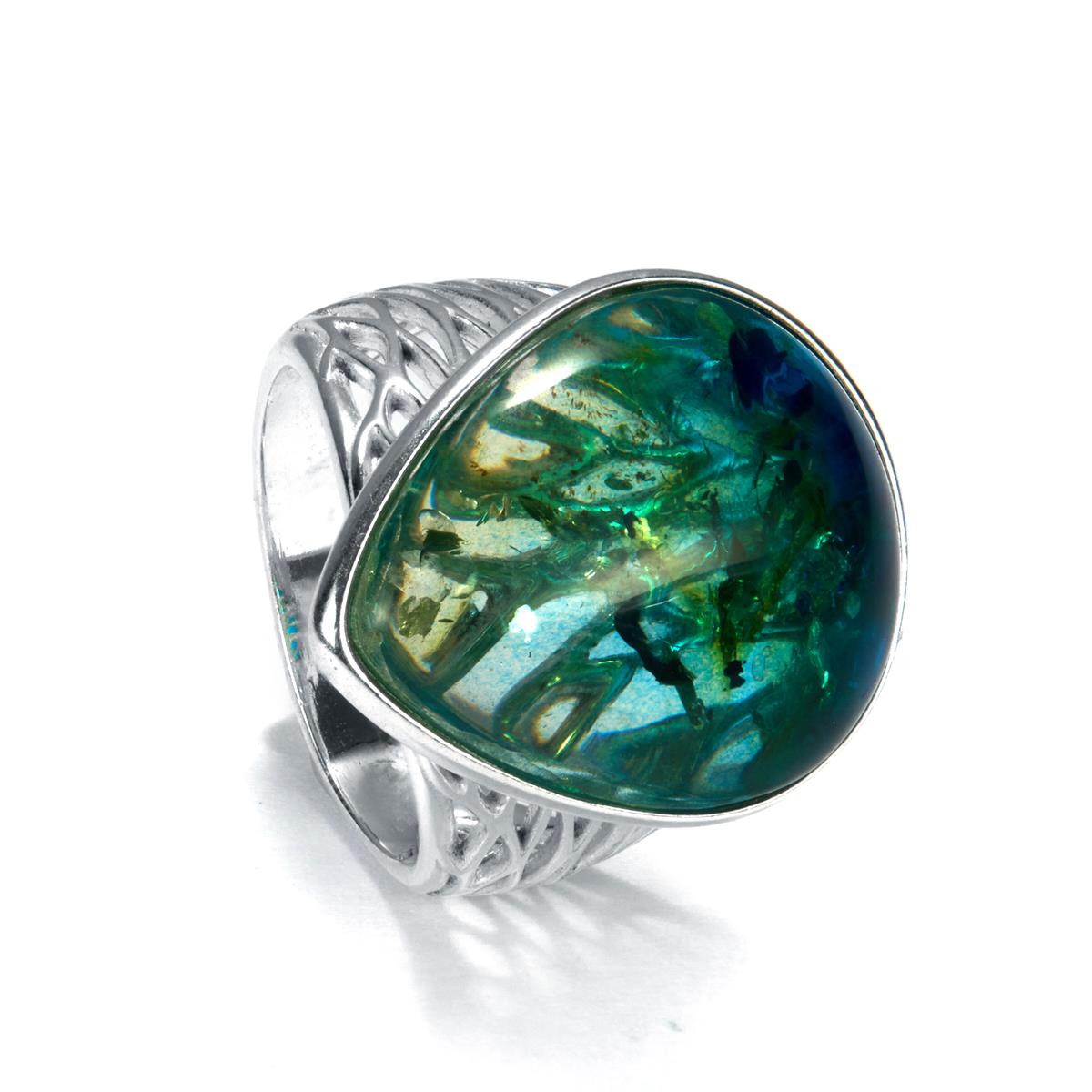 Baltic Ocean Blue Amber Ring in Sterling Silver (21 x 17mm) | Gemporia