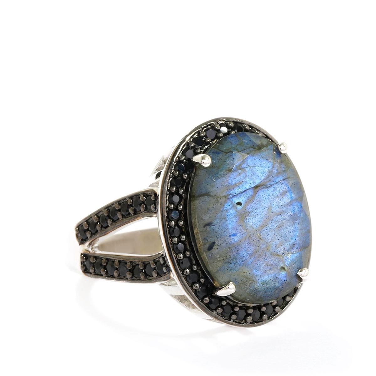 Grey Labradorite & Black Spinel Sterling Silver Ring ATGW 9.41cts ...