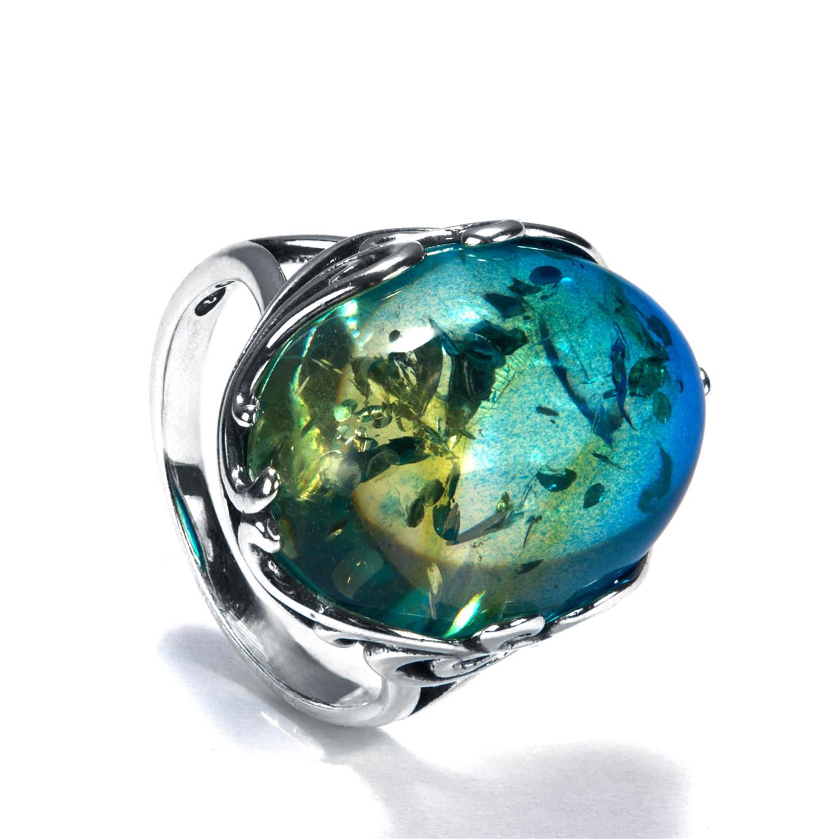 Baltic Ocean Blue Amber Ring in Sterling Silver (20 x 15mm) | Gemporia