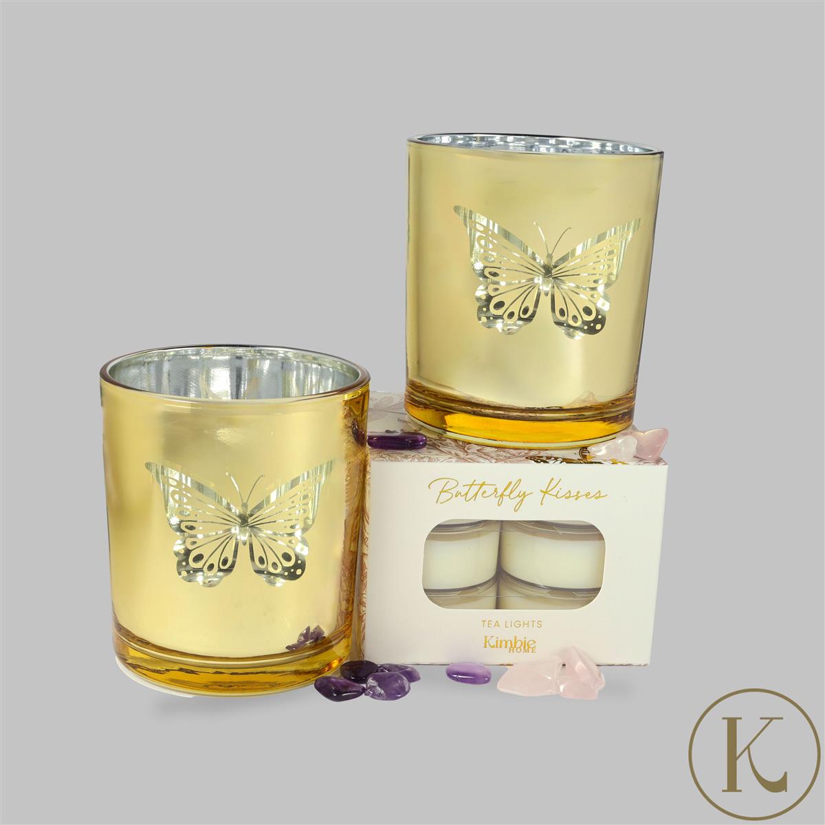 Kimbie Home Butterfly Kisses Votive & Tea Light Set With Rose Quartz & Amethyst 140cts | Gemporia