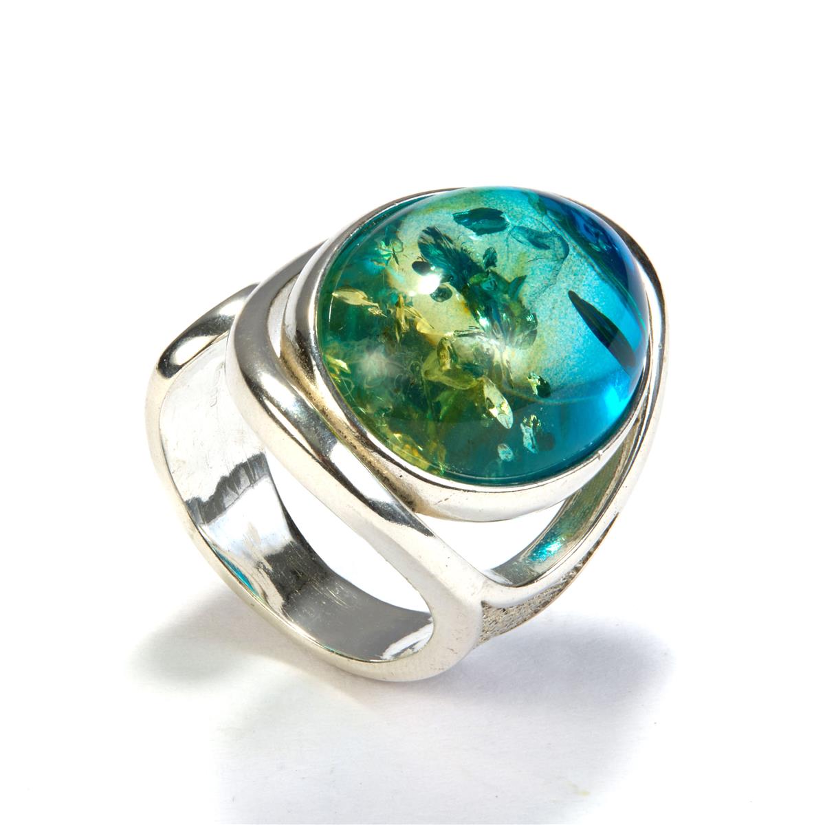 Baltic Ocean Blue Amber Ring in Sterling Silver (20 x 16mm) | Gemporia