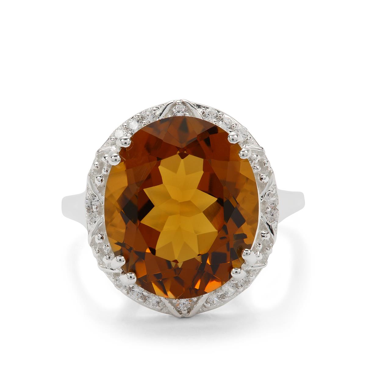 Cognac Quartz Ring with White Zircon in Sterling Silver 7.90cts | Gemporia