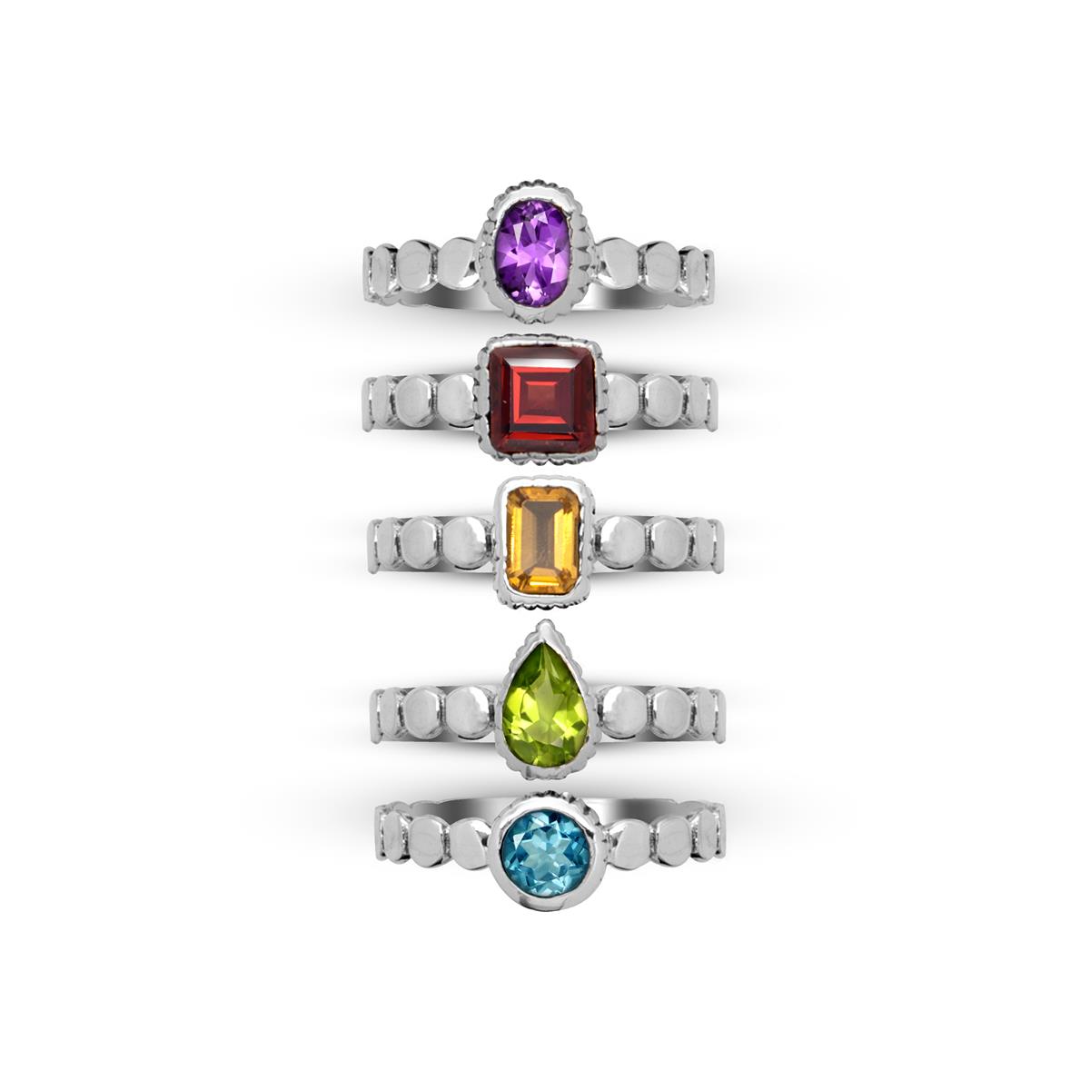 Multi Gemstone Set of 5 Balinese Rings in Sterling Silver 2.75cts ...