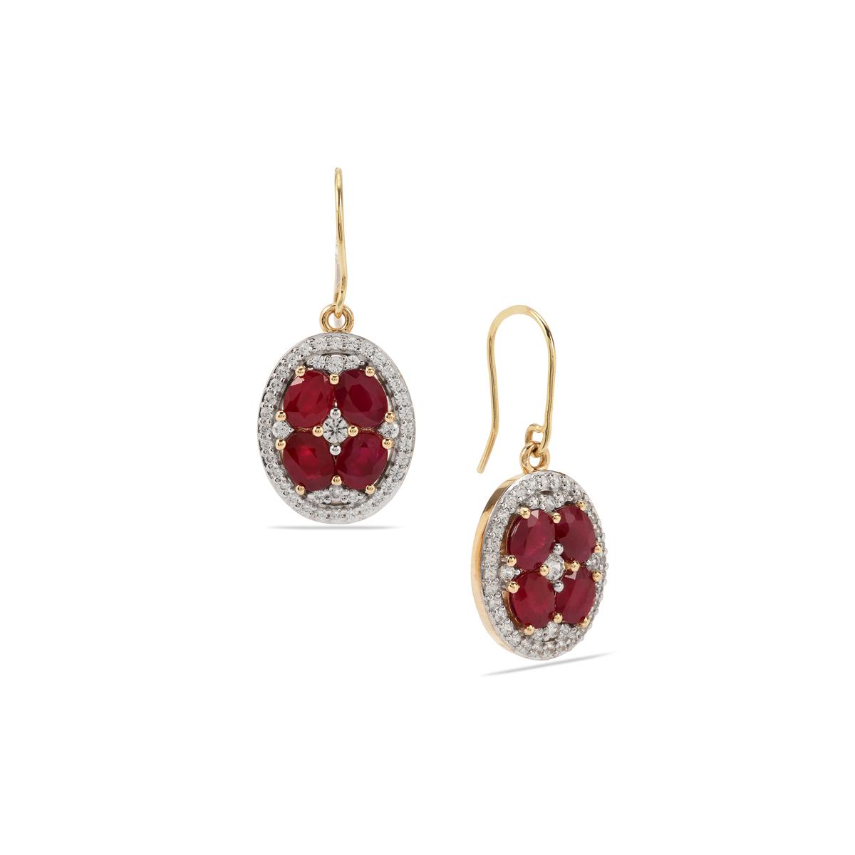Burmese Red Ruby Earrings with White Zircon in 9K Gold 3.20cts | Gemporia