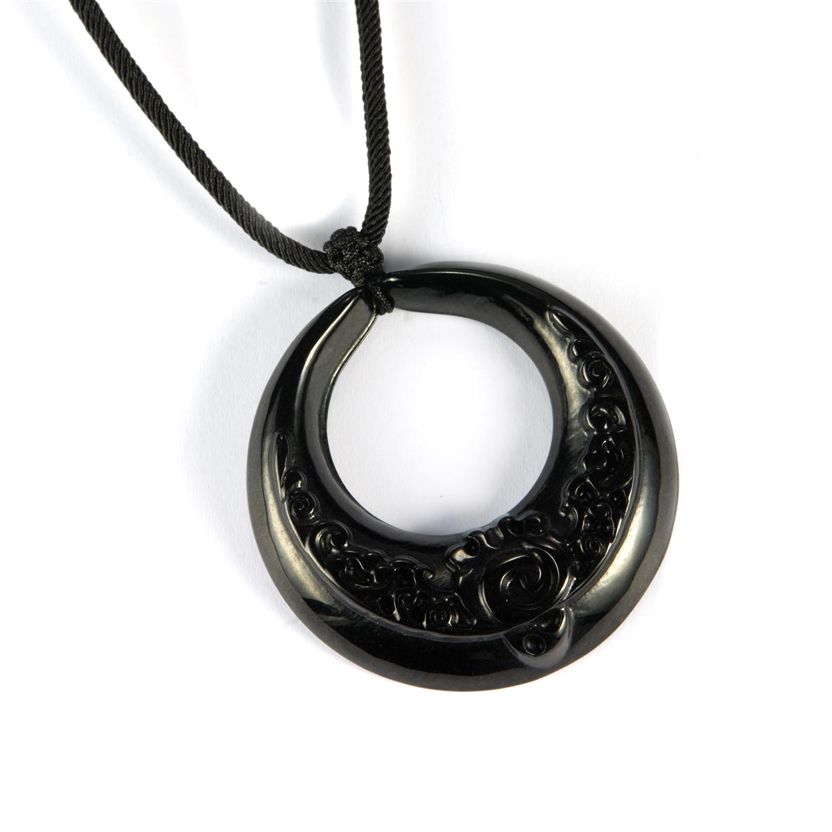 Type A Black Omphacite Carved Jadeite Adjustable Rope Necklace 54.50cts ...