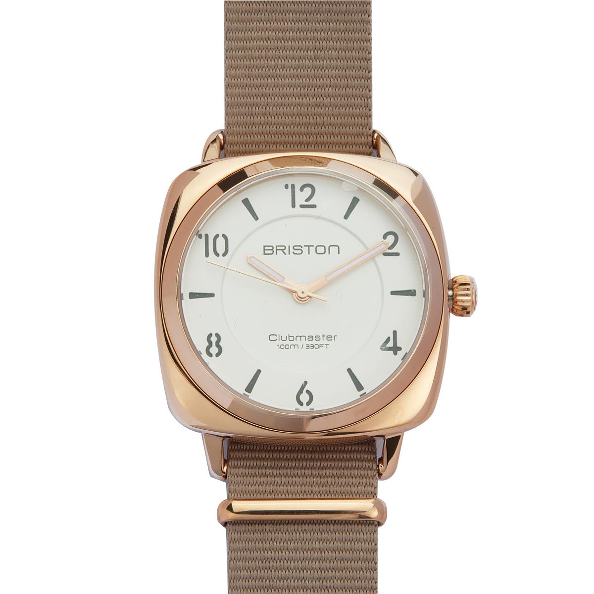 Clubmaster Chic Ladies 3 Hand Rose Gold Case White Dial Taupe Nato ...