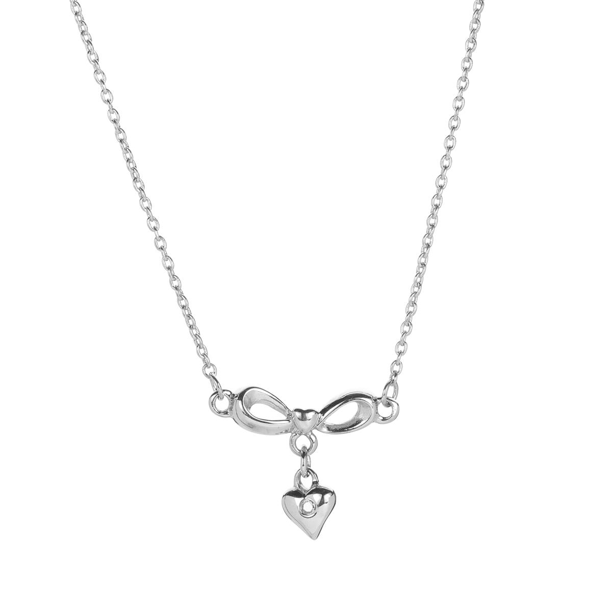 Diamond Heart & Bow Necklace in Sterling Silver | Gemporia