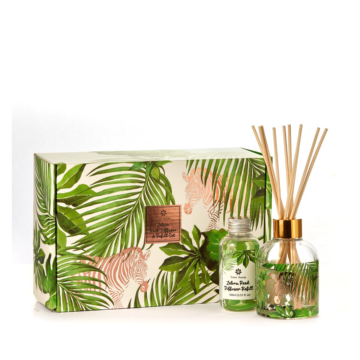 Gem Auras Zebra Reed Diffuser and Refill Set with Howlite & Black ...