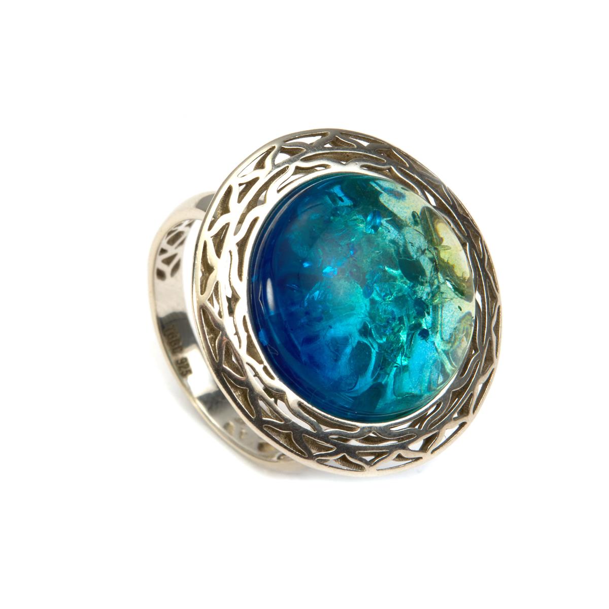 Baltic Ocean Blue Amber Ring in Sterling Silver (16mm) | Gemporia