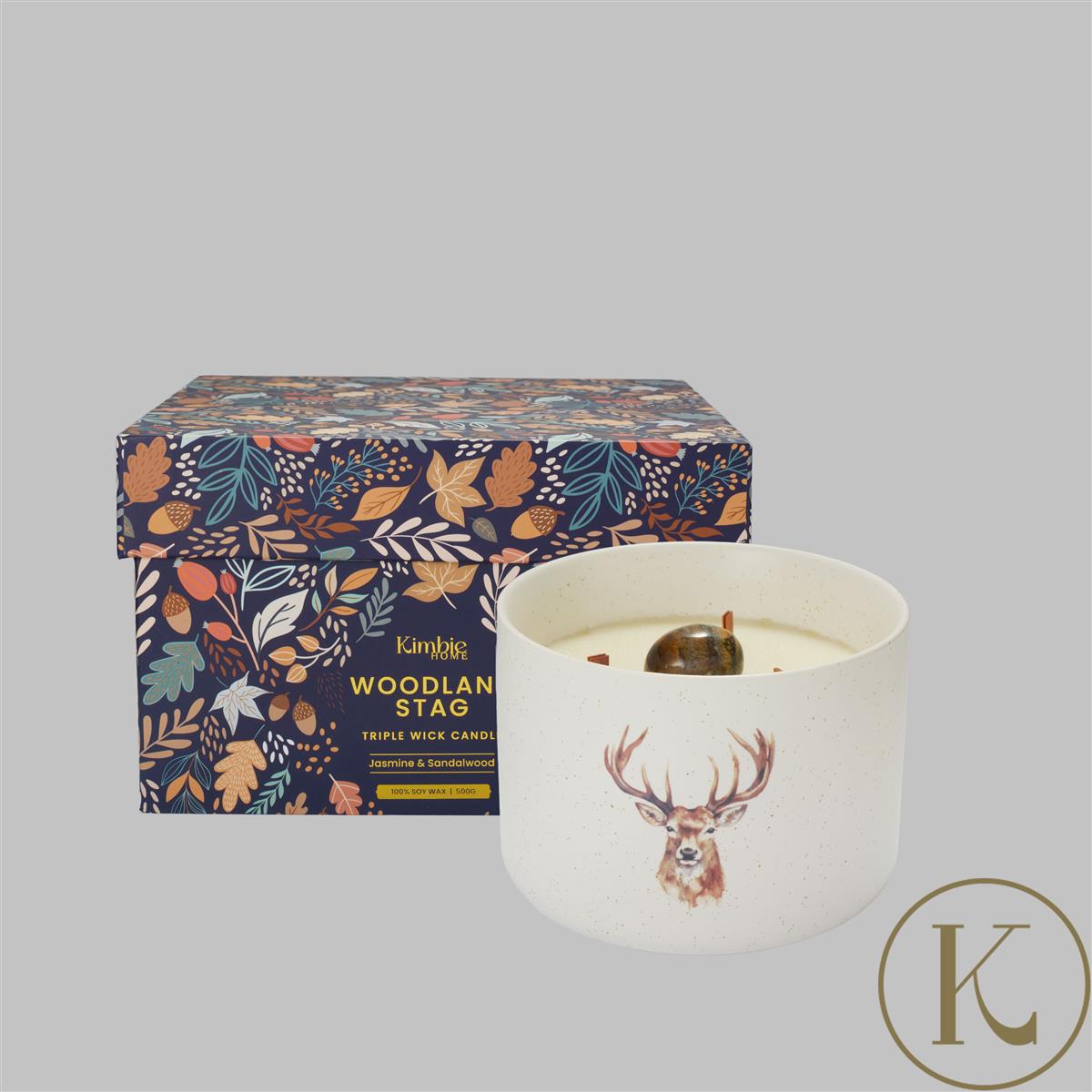 Kimbie Home Woodland Stag Triple Wick 500g Candle with Tigers Eye ...