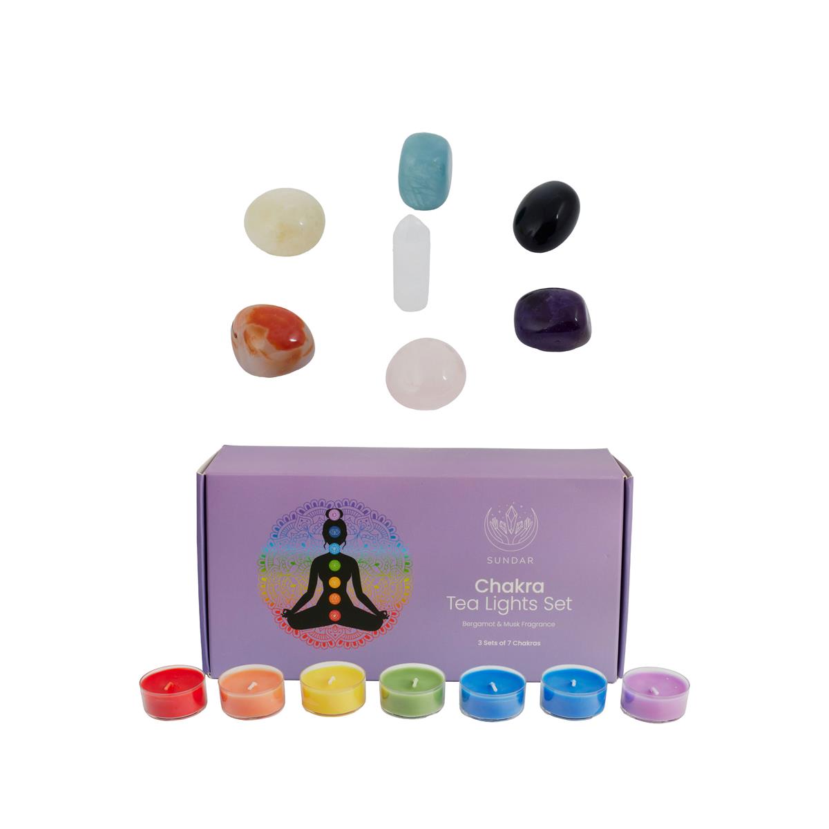 Sundar Chakra Bundle - Tea Lights Set 21pcs & Gemstone Collection 7pcs ...