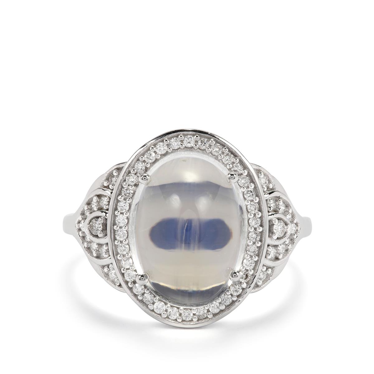 Ceylon Blue Moonstone Ring with Diamond in 18K White Gold 5.91cts ...