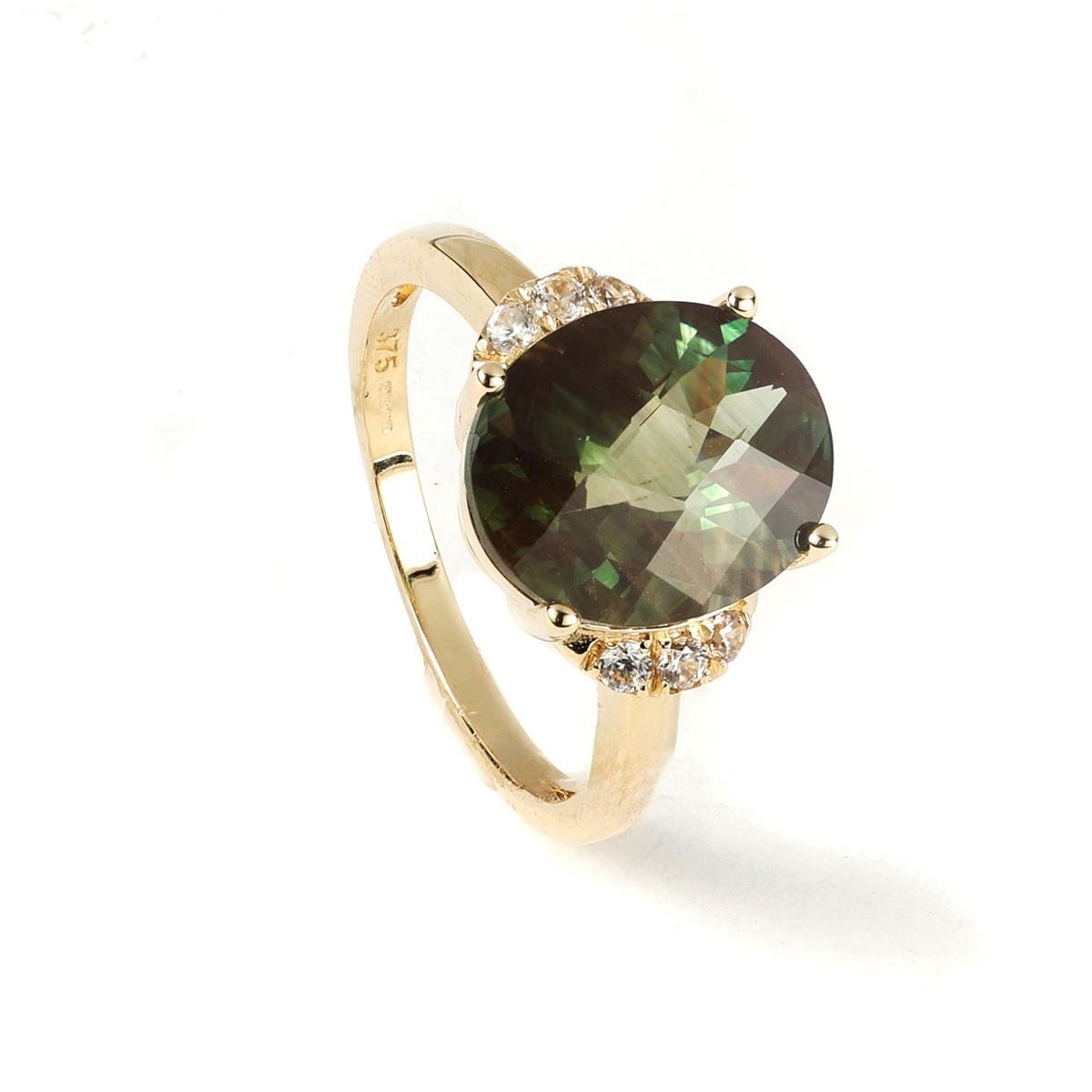 Green Andesine Ring with White Zircon in 9K Gold 4.31cts | Gemporia