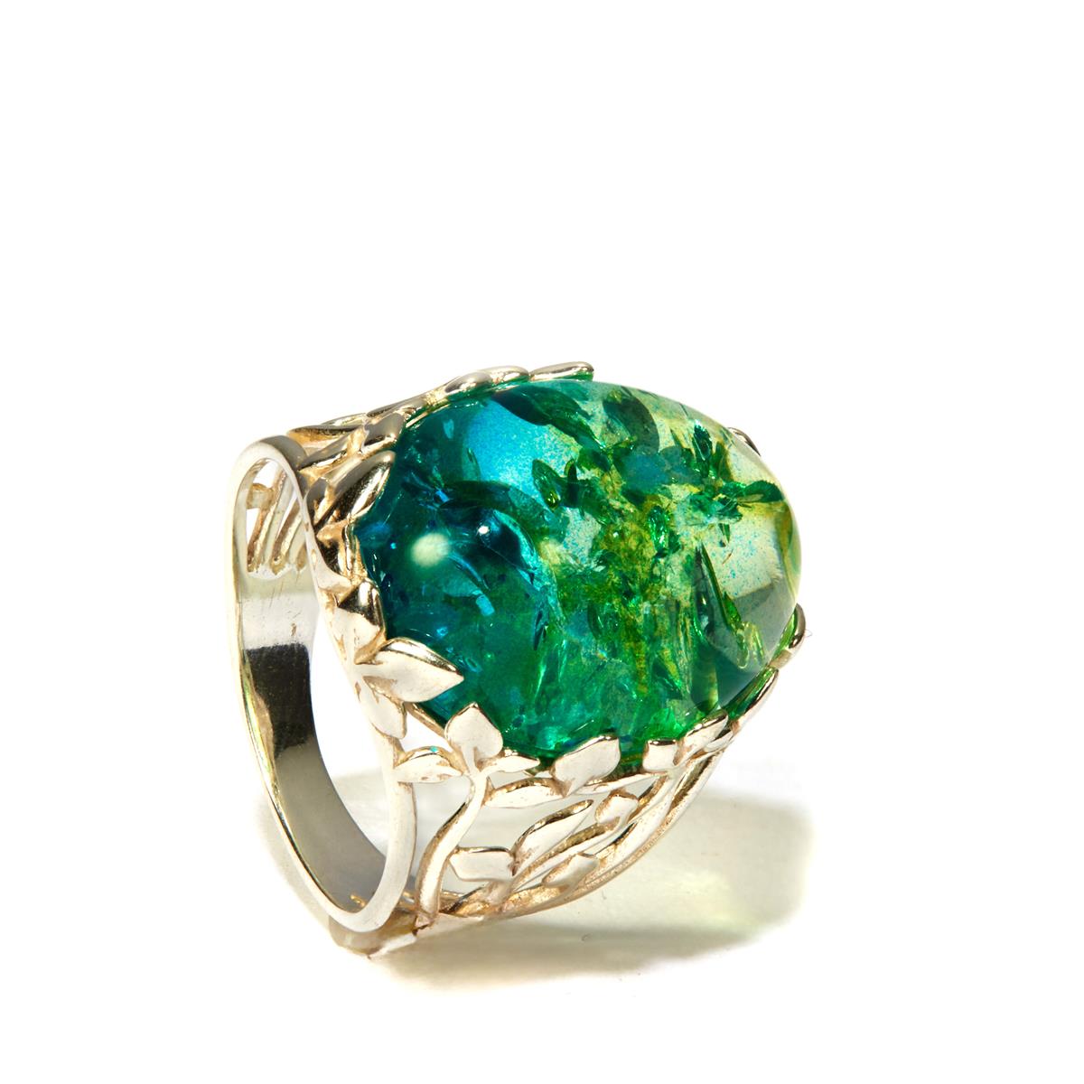 Baltic Ocean Blue Amber Ring in Sterling Silver (19x15mm) | Gemporia