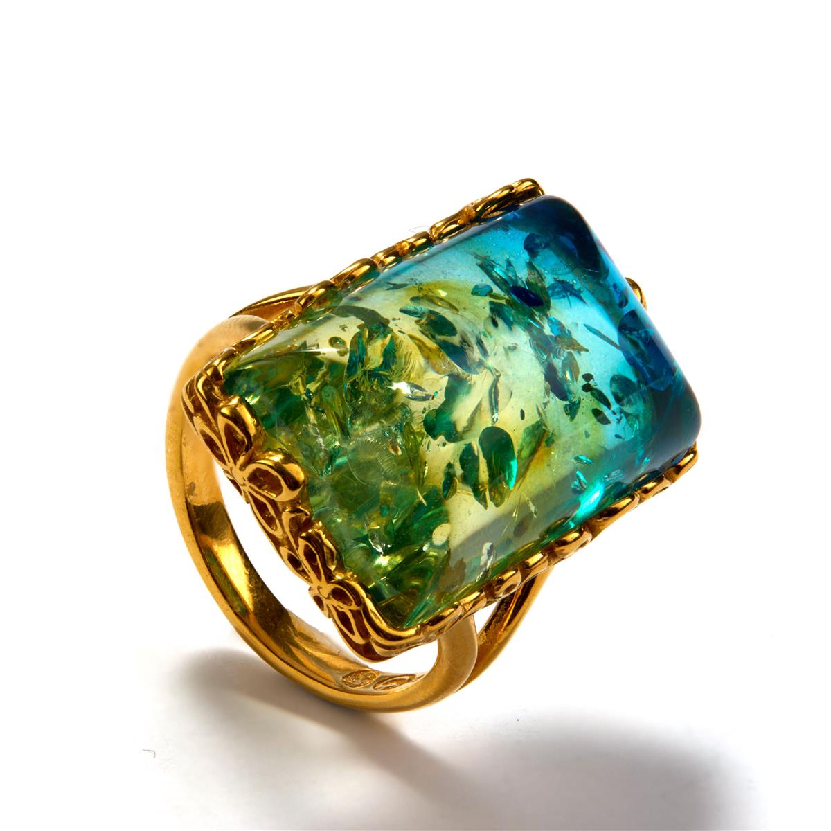 Baltic Ocean Blue Amber Ring in Gold Plated Sterling Silver (21 x 13mm ...
