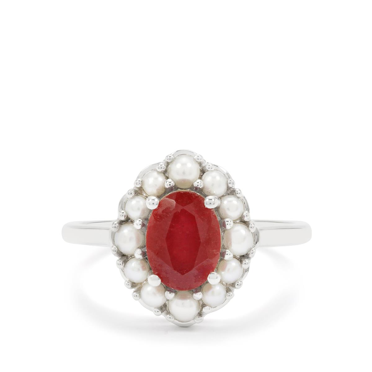Seed Pearl Ring with Thai Ruby in Sterling Silver (2 to 2.50 MM) | Gemporia