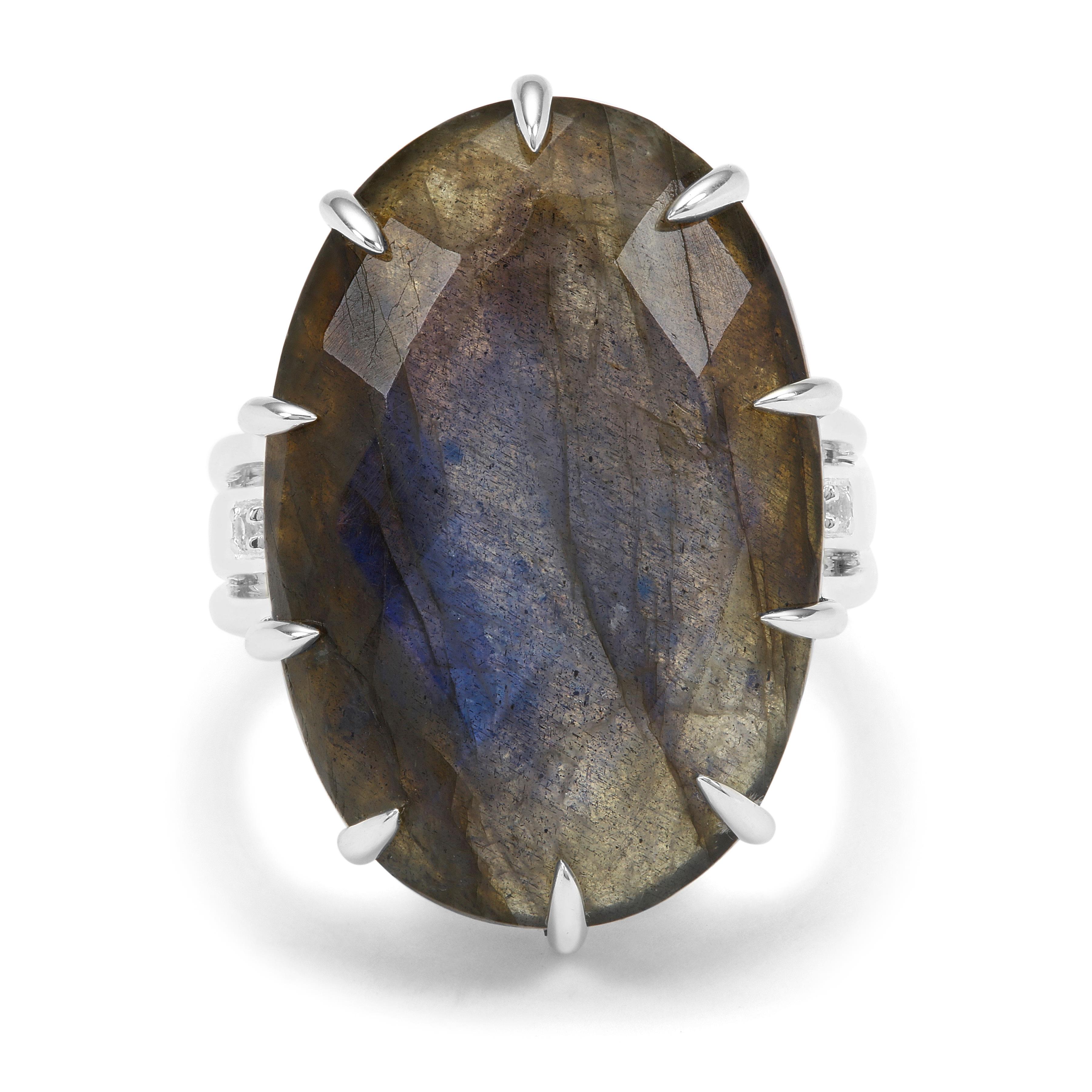 Labradorite Ring with White Zircon in Sterling Silver 20.30cts | Gemporia