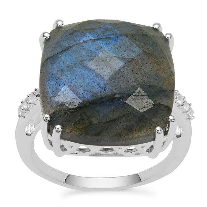 Labradorite Ring with White Zircon in Sterling Silver 14.35cts | Gemporia