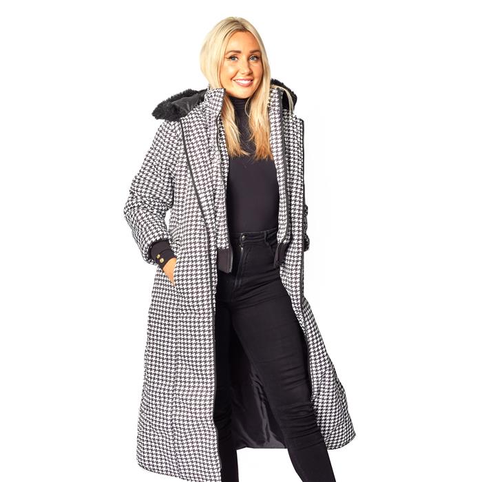 Destello Long Winter Hooded Coat (Choice of 4 Sizes) (Houndstooth ...